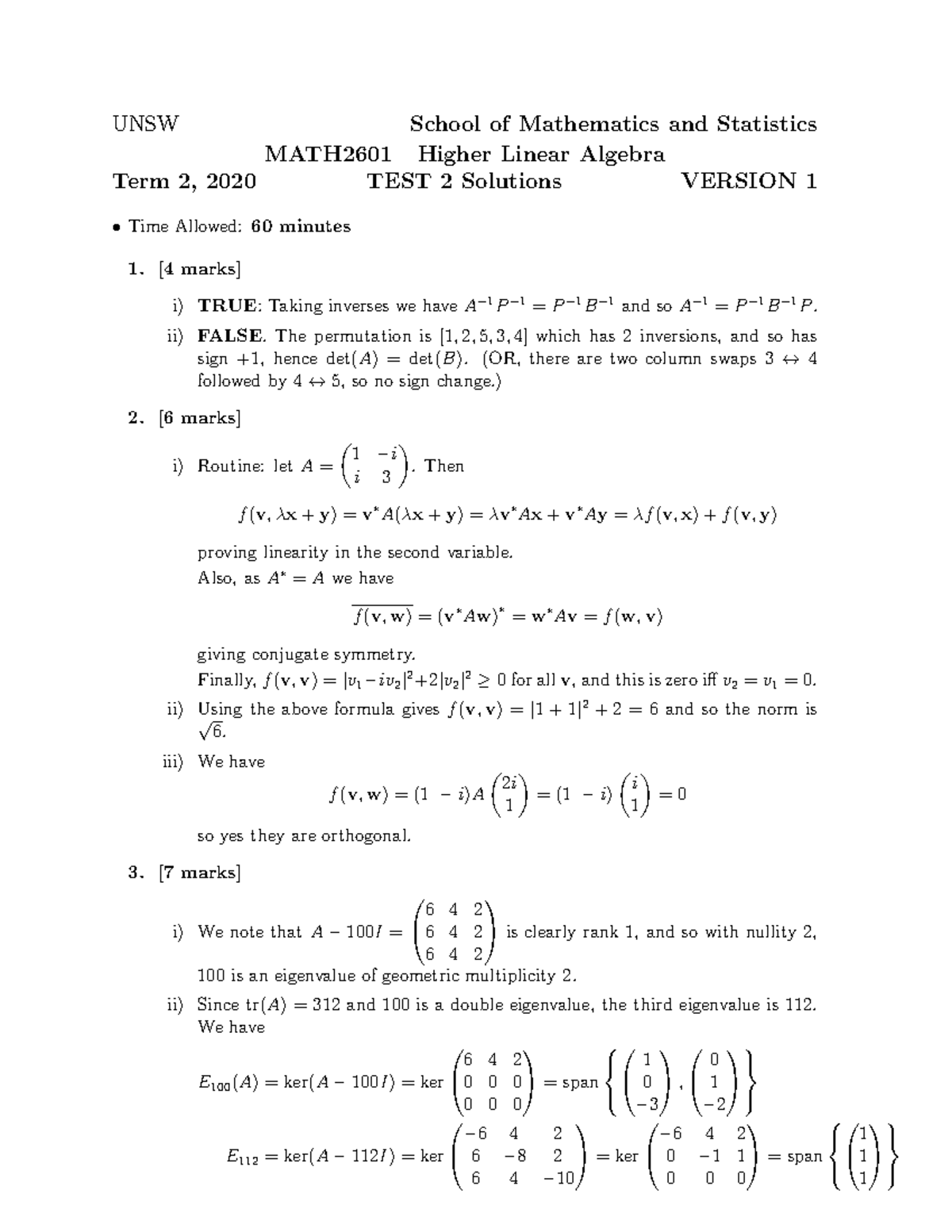 MATH2601 Higher Linear Algebra Term 2, 2020 Test 2 Solutions - Studocu