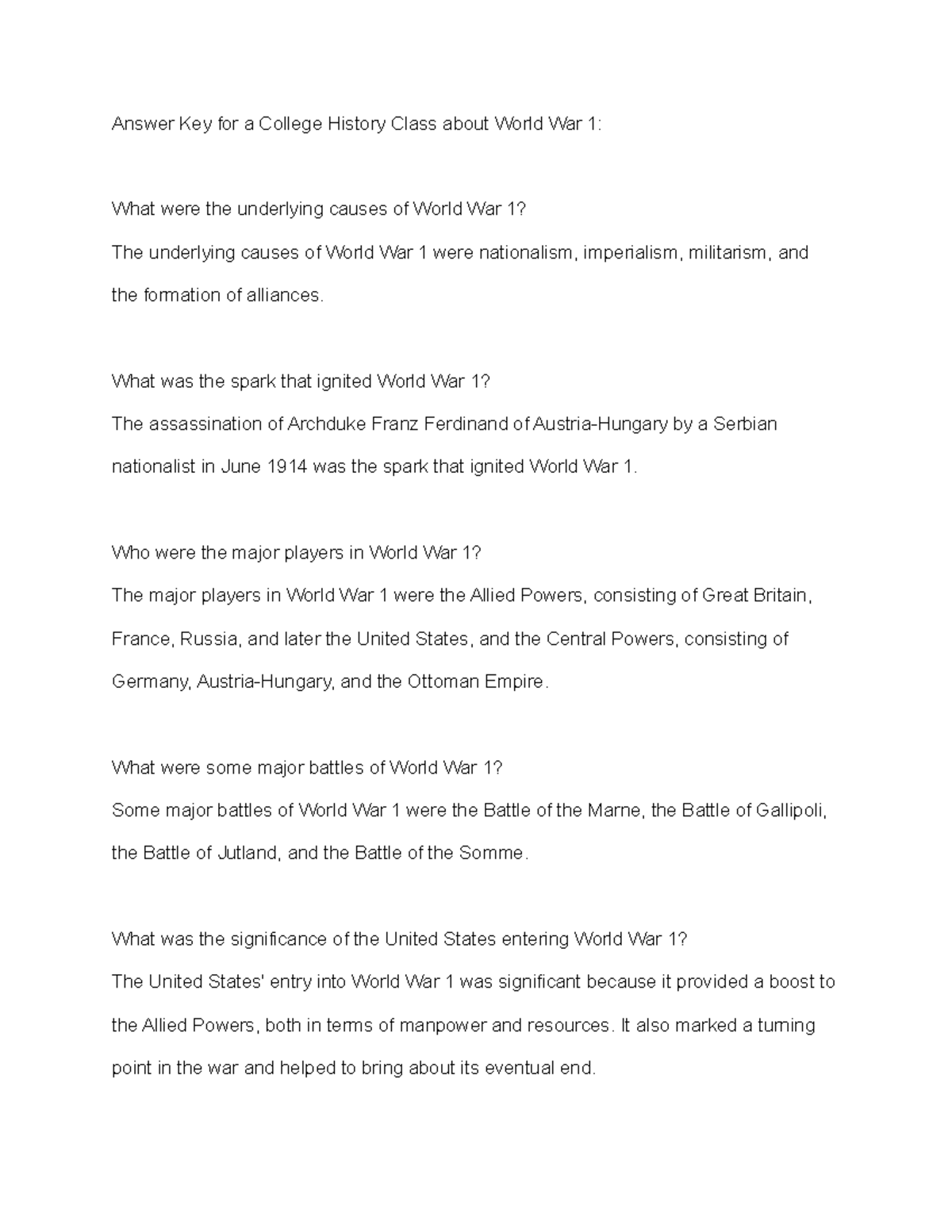 WW1 History Class: Comprehensive Answer Key & Key Insights - Studocu