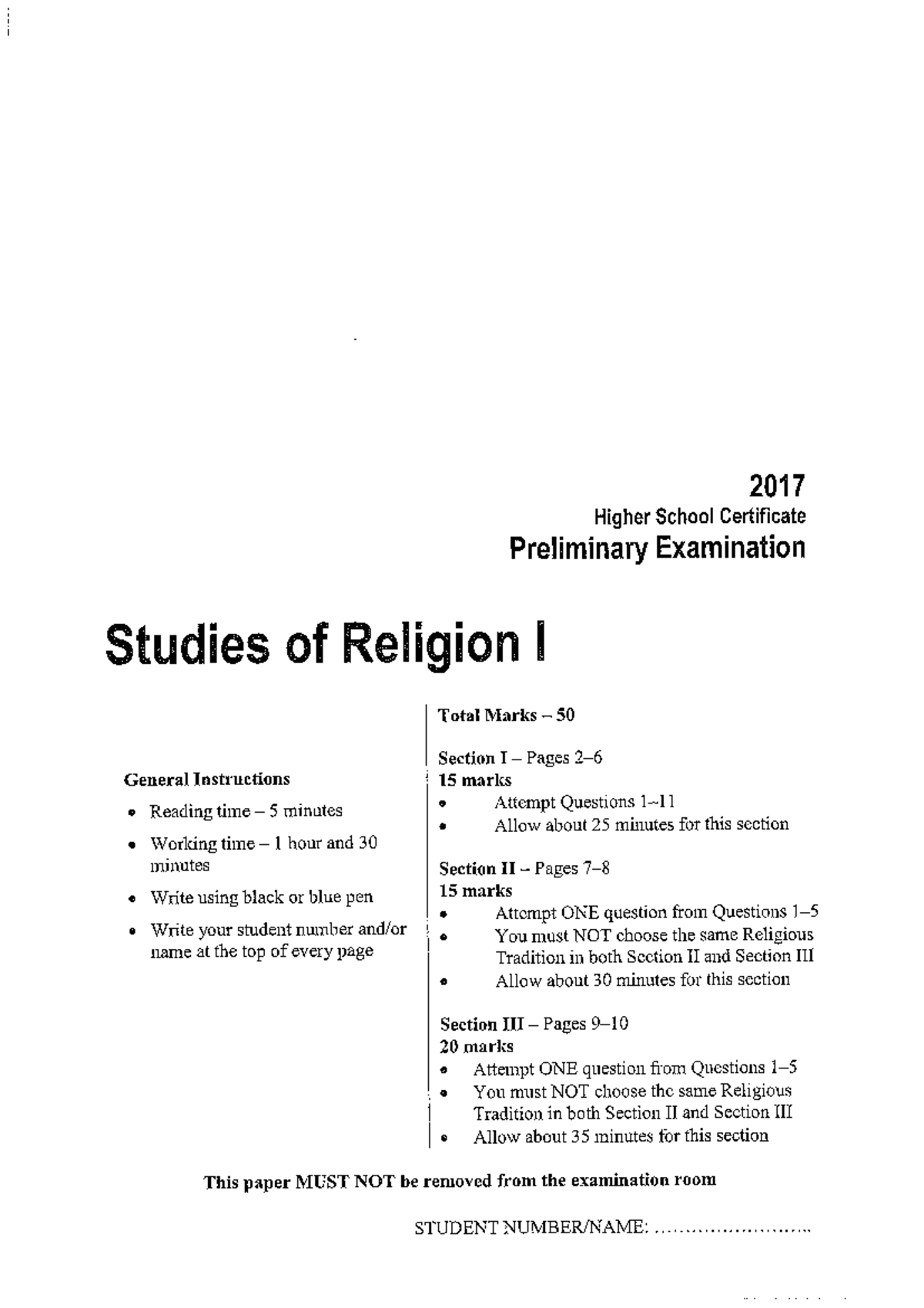 2017 HSC Preliminary Exam: Studies of Religion I Overview - Studocu