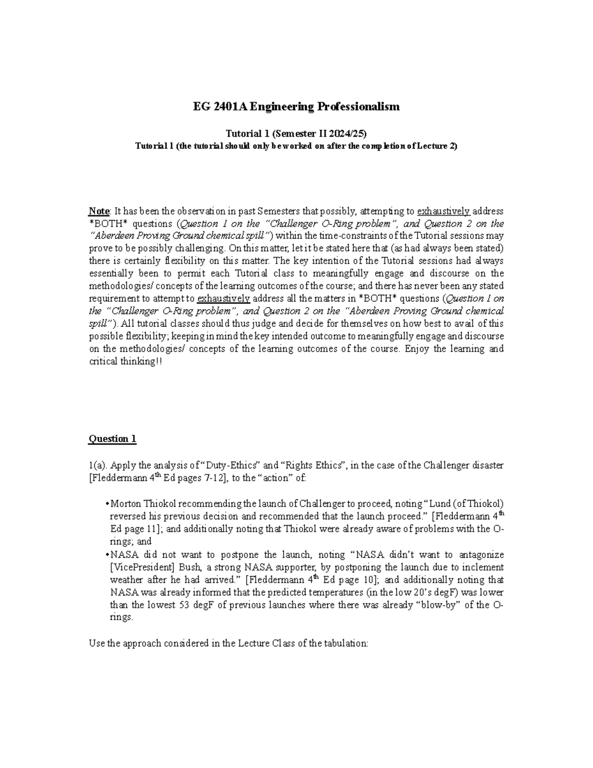 EG 2401A Engineering Professionalism Tutorial 1: Ethics Analysis of ...