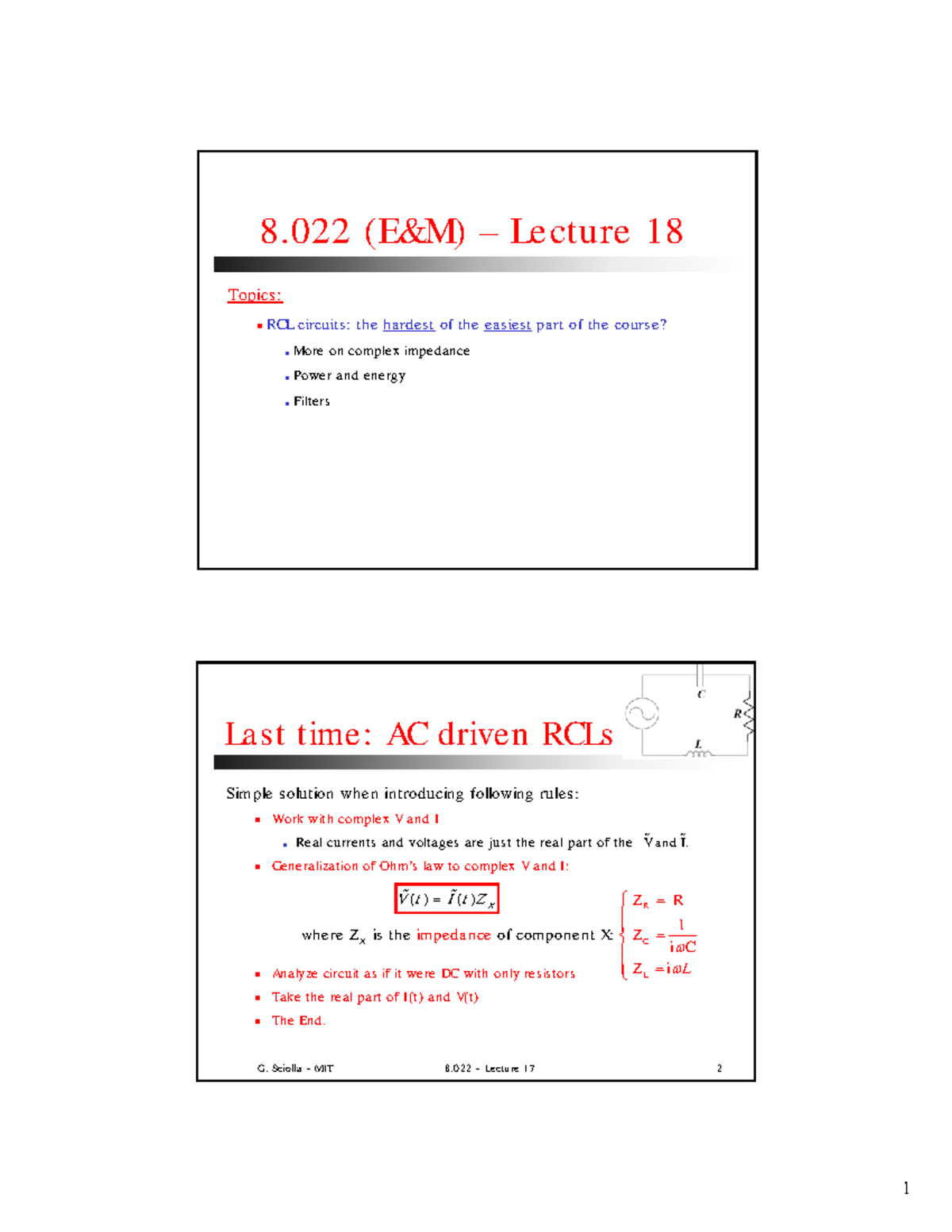 8.022 Lecture 18: RCL Circuits, Complex Impedance, and Power Analysis ...
