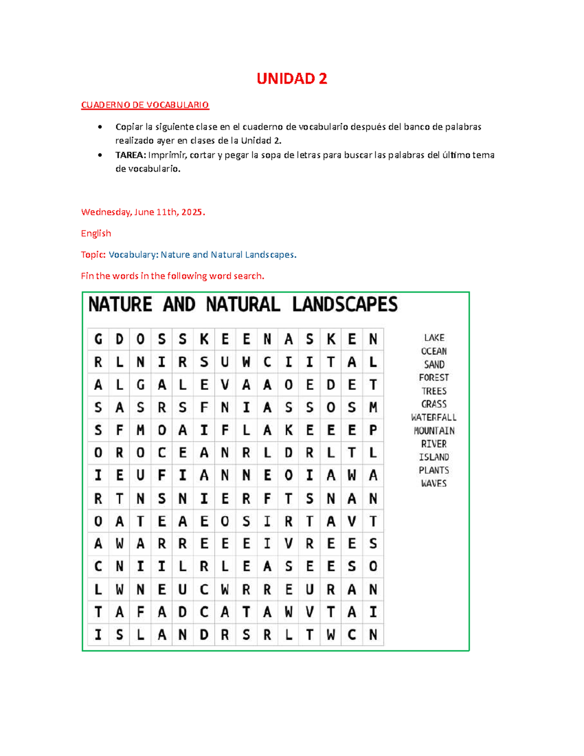 Class vocabulary nature and natural landscapes-7861749650271 - Ingles I ...