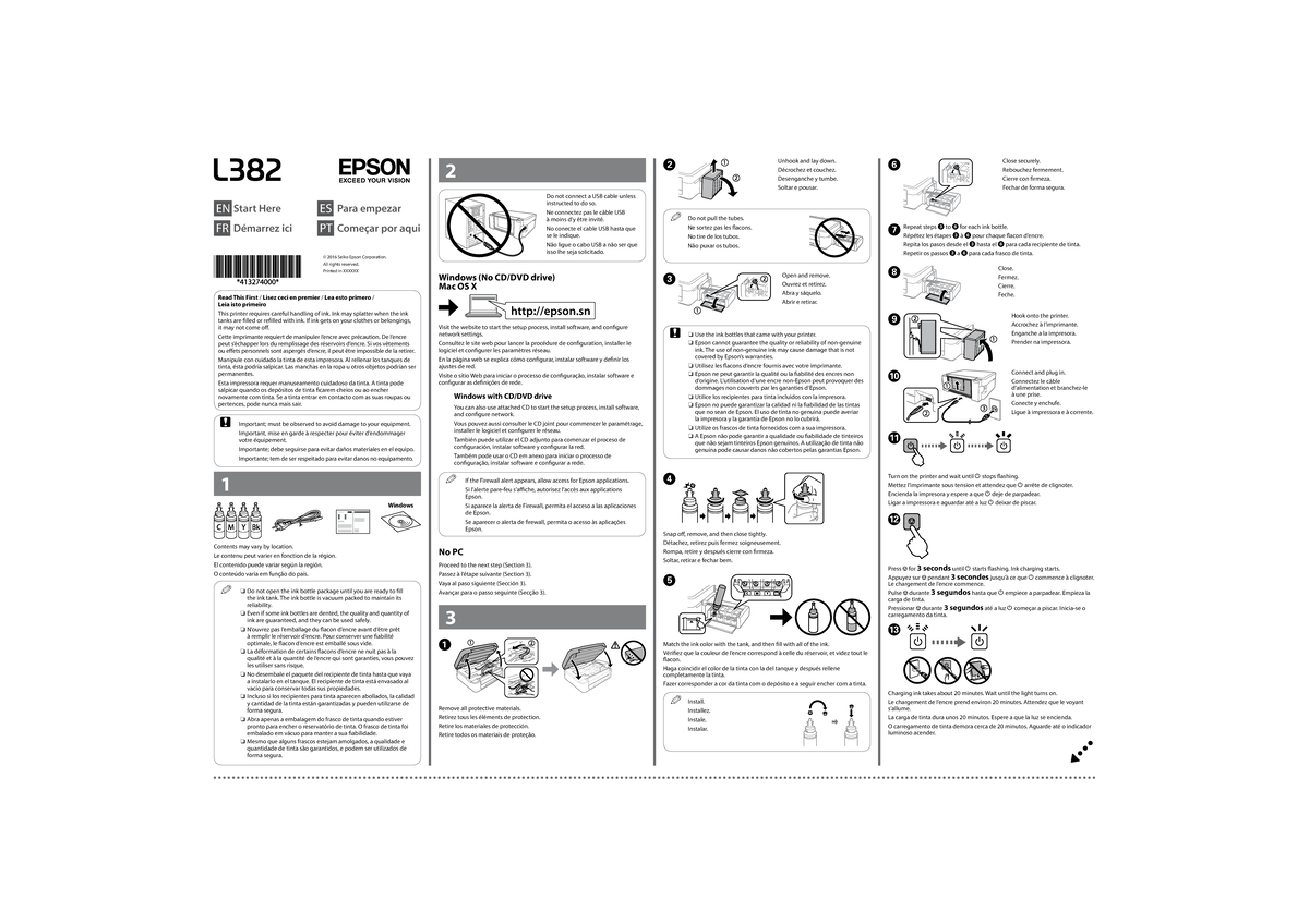 Epson L382 Series Manual: R41AG1100 Setup Instructions - Studocu