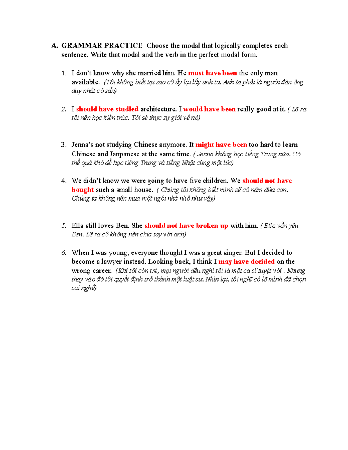 A. Grammar Practice: Completing Modal Verbs in Sentences - Studocu