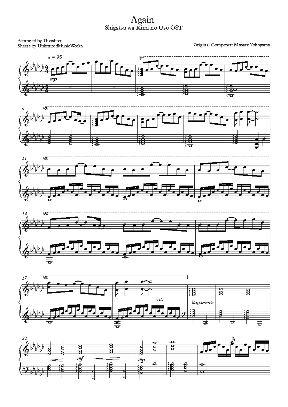 Shigatsu wa Kimi no Uso OST - Again Sheet Music (YLIA) - Studeersnel