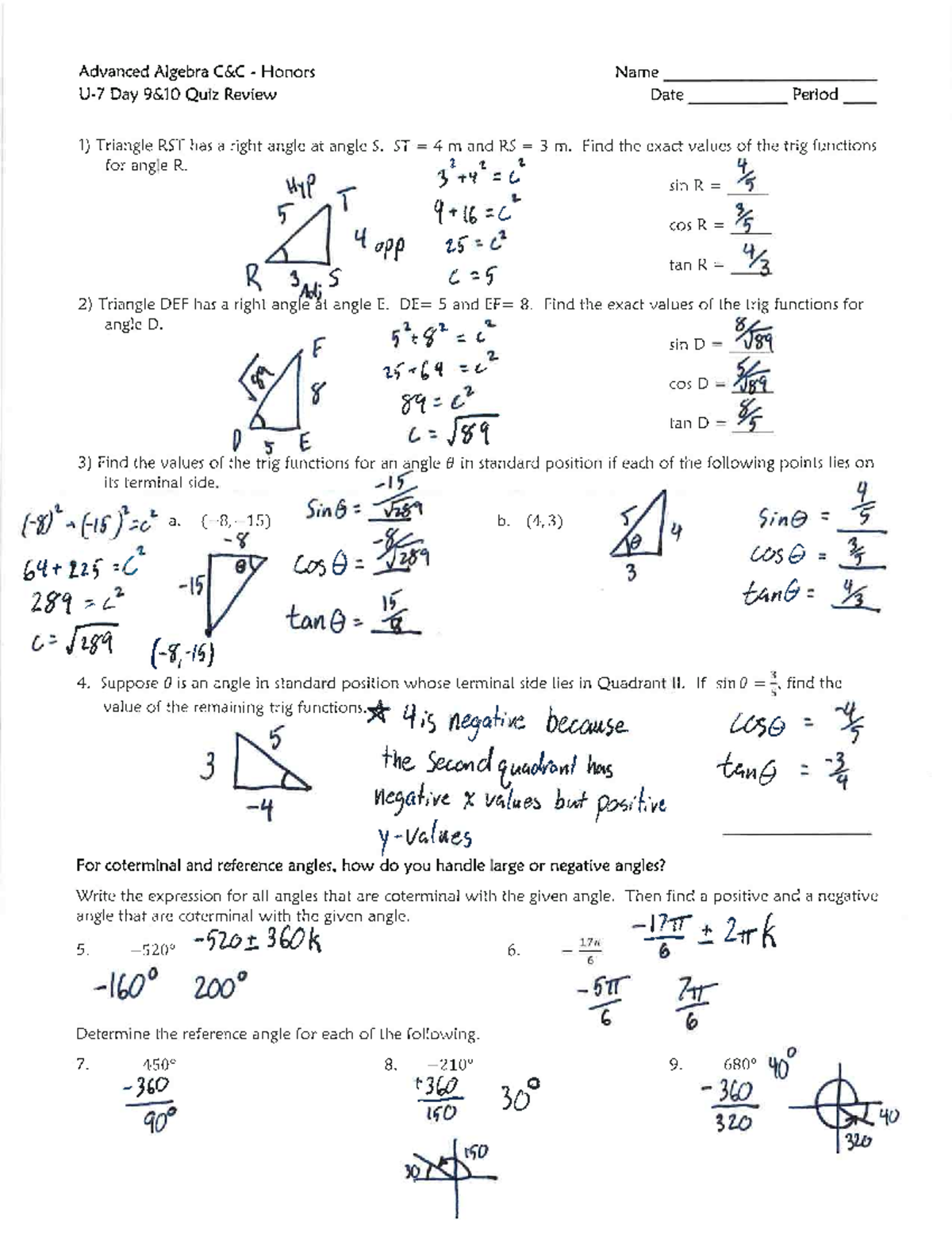 Advanced Algebra Honors Day Quiz Review Key - Studocu
