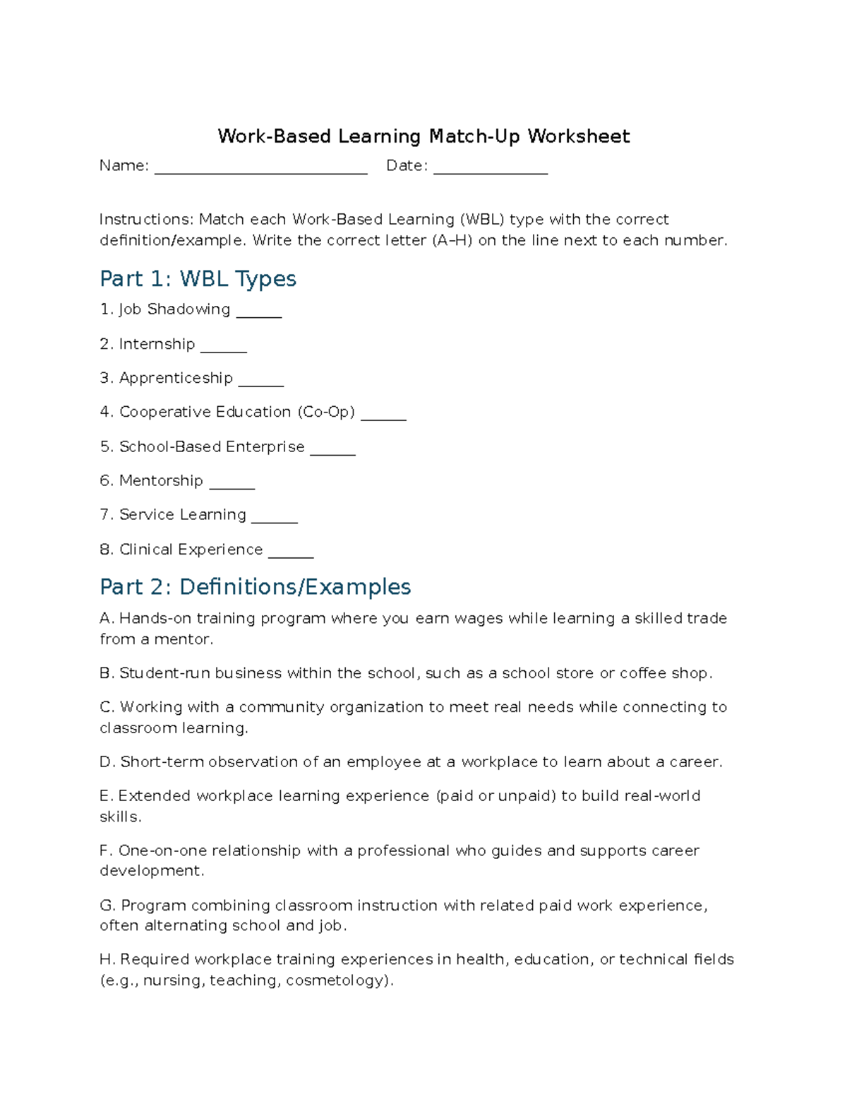 Work-Based Learning Worksheet (WBL) 082625 - Studocu