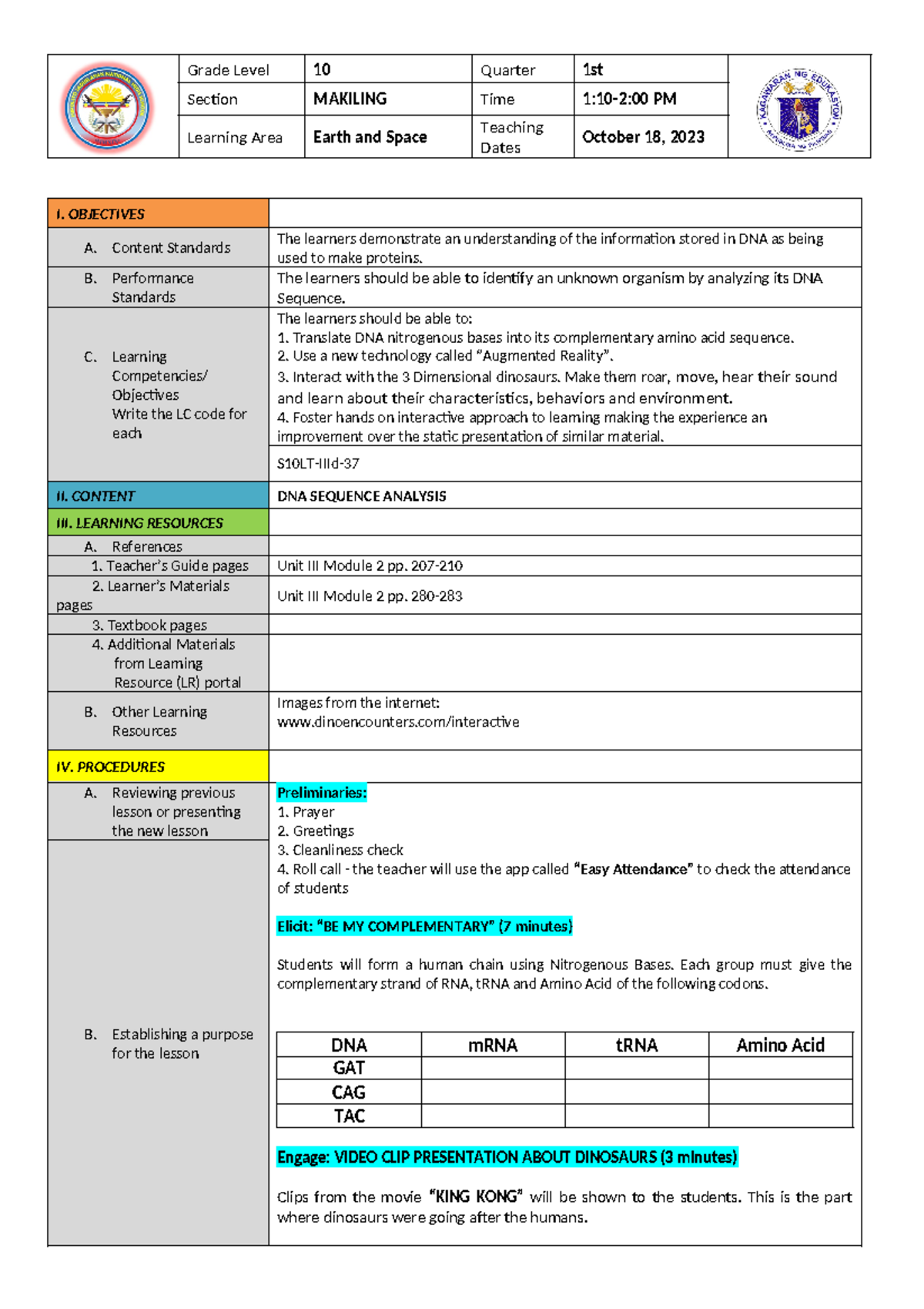 COT1 Lesson Exemplar on DNA Analysis in Protein Synthesis - Studocu