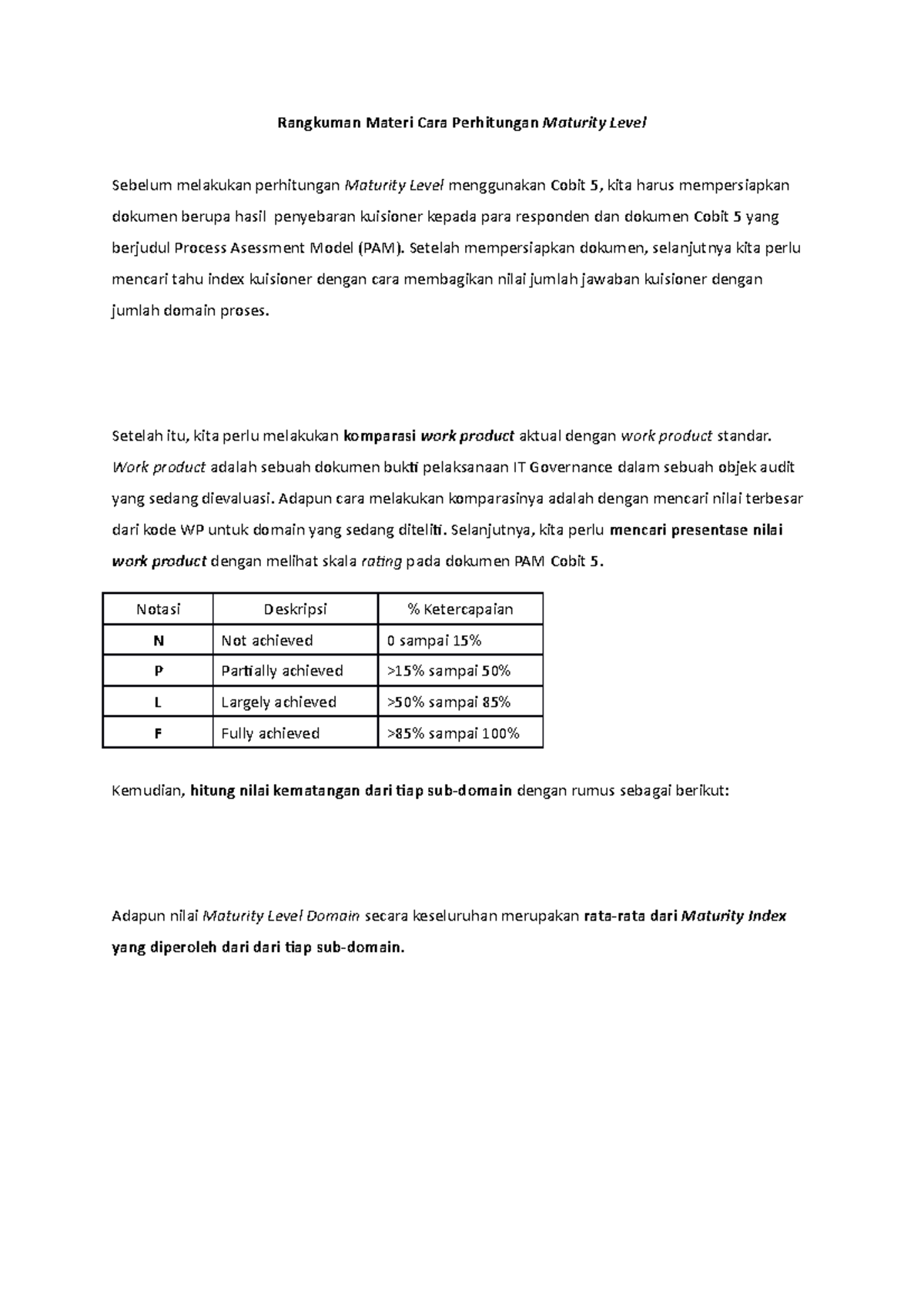 Rangkuman Maturity Level Menghitung dengan Cobit 5 dan PAM - Studocu