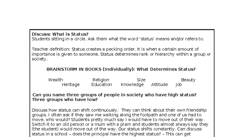 Intro to Status: Understanding Hierarchies in Society - Studocu
