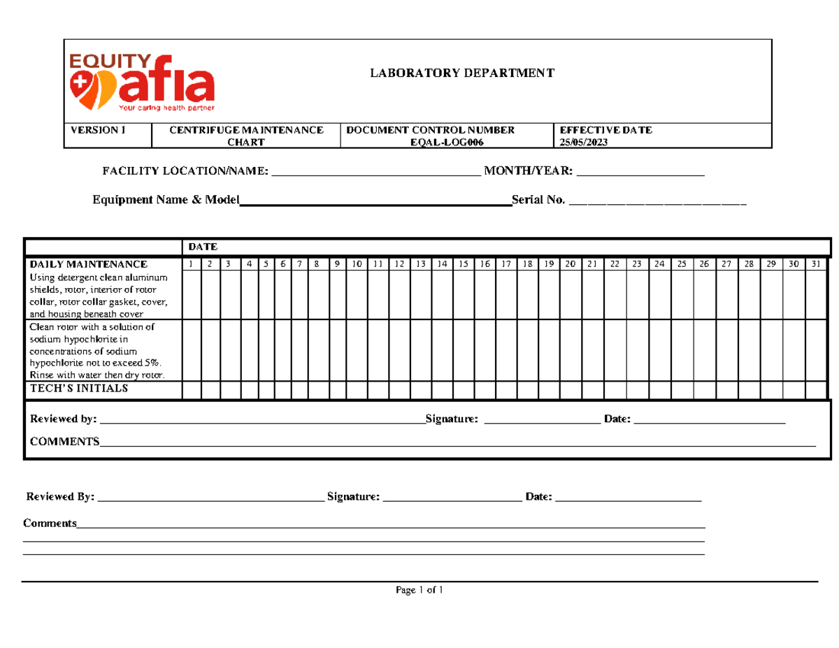 Centrifuge Maintenance Chart - EQAL-LOG Document Control Guide - Studocu