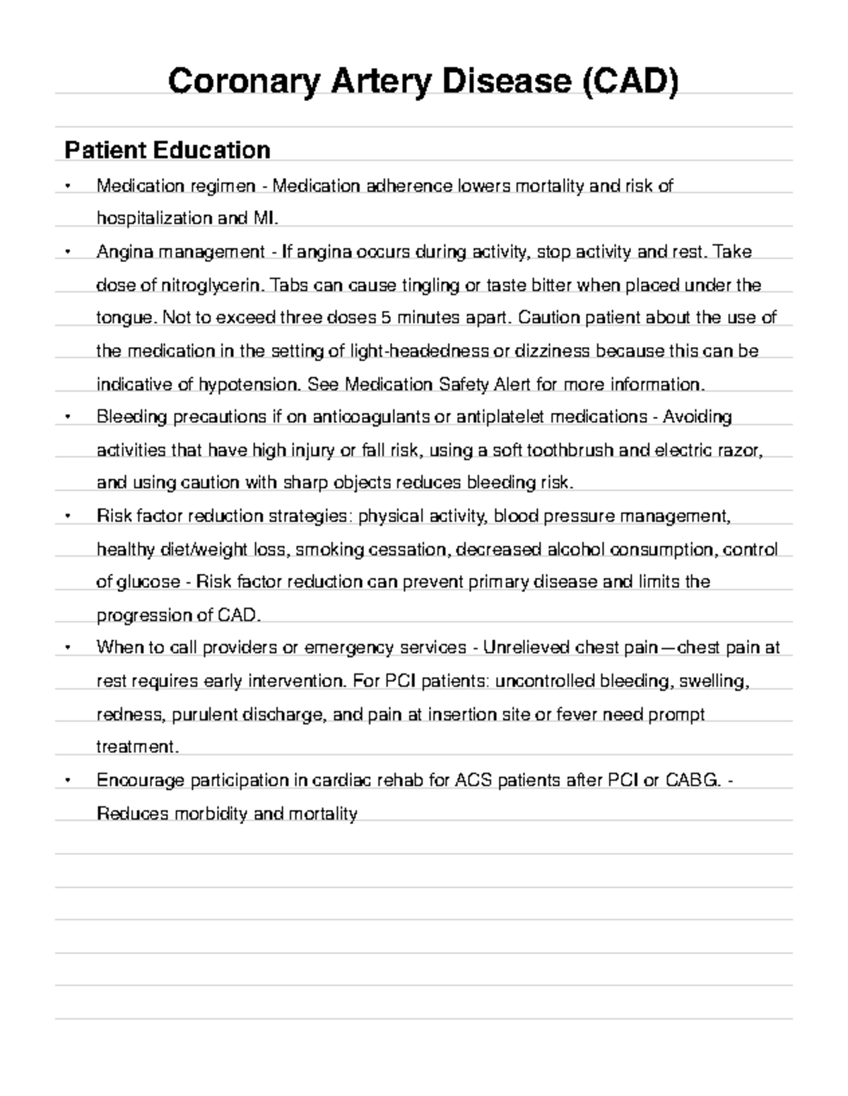 CAD - Patient Education and Management Notes for Coronary Artery ...