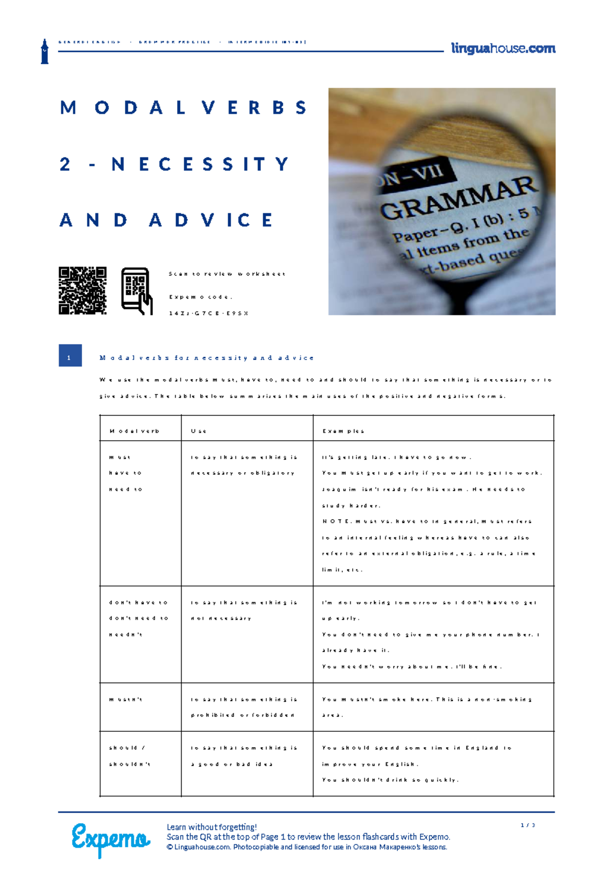 GENERAL ENGLISH GRAMMAR: MODAL VERBS 2 - NECESSITY & ADVICE - Studocu