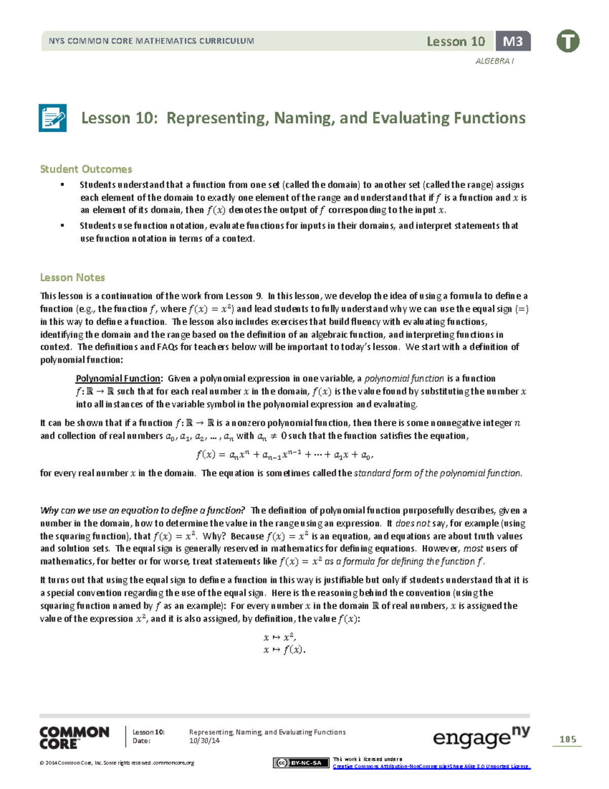 Algebra I M3 Topic B Lesson 10: Functions - Representation & Evaluation ...