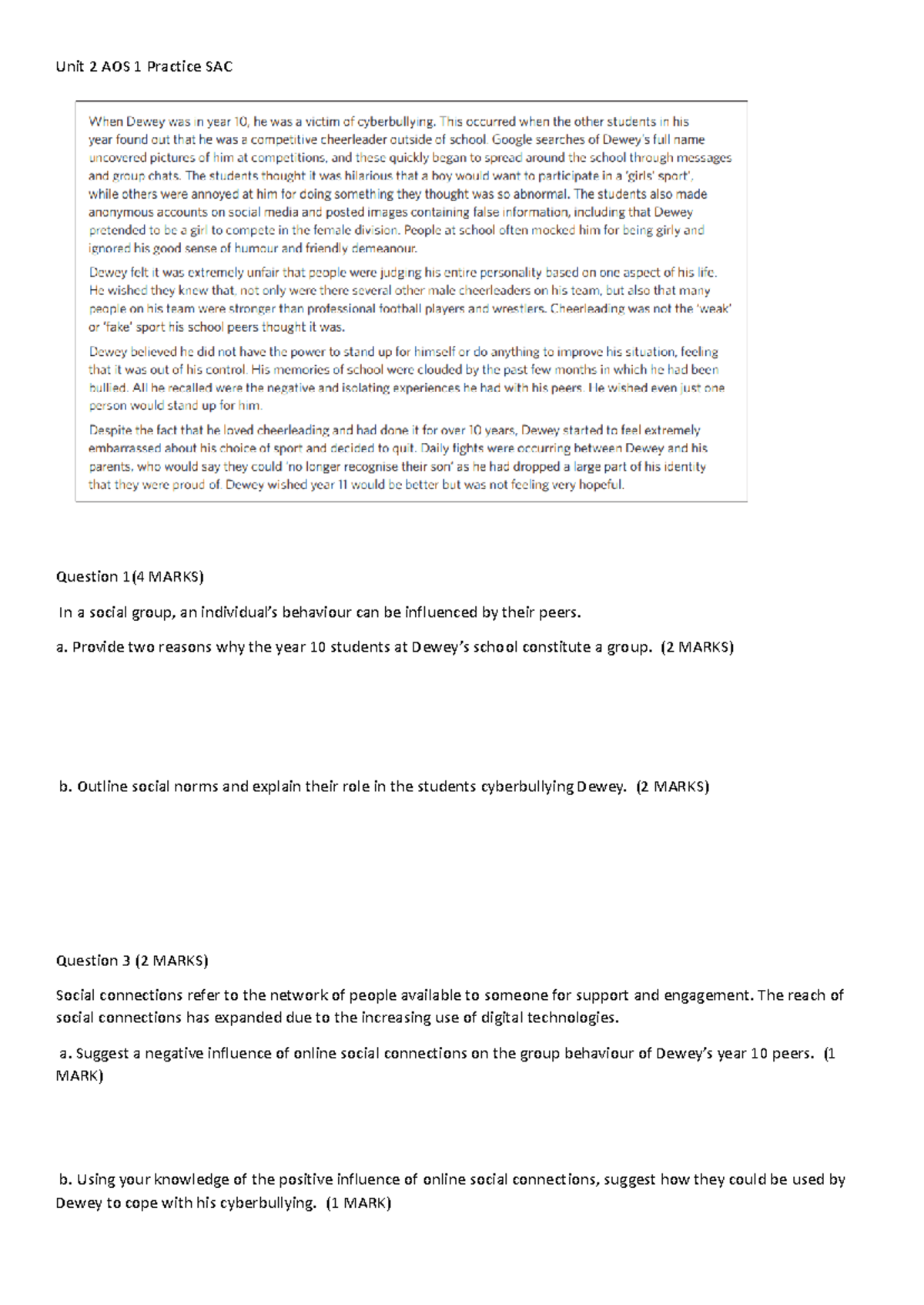 Unit 2 AOS 1 Practice SAC: Social Dynamics in Cyberbullying Context ...