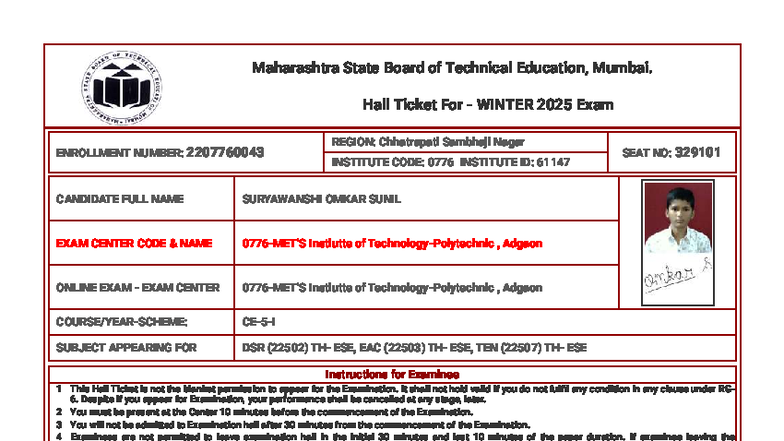HALL Ticket for Winter 2025 Exam - Enrollment 2207760043 - Studocu