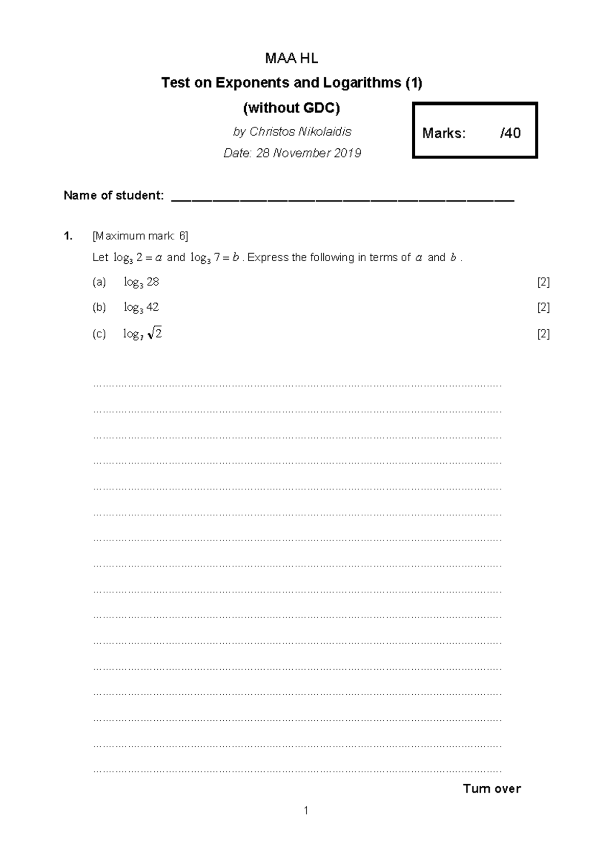 MAA HL Test 4: Exponents & Logarithms (2019) - Studocu
