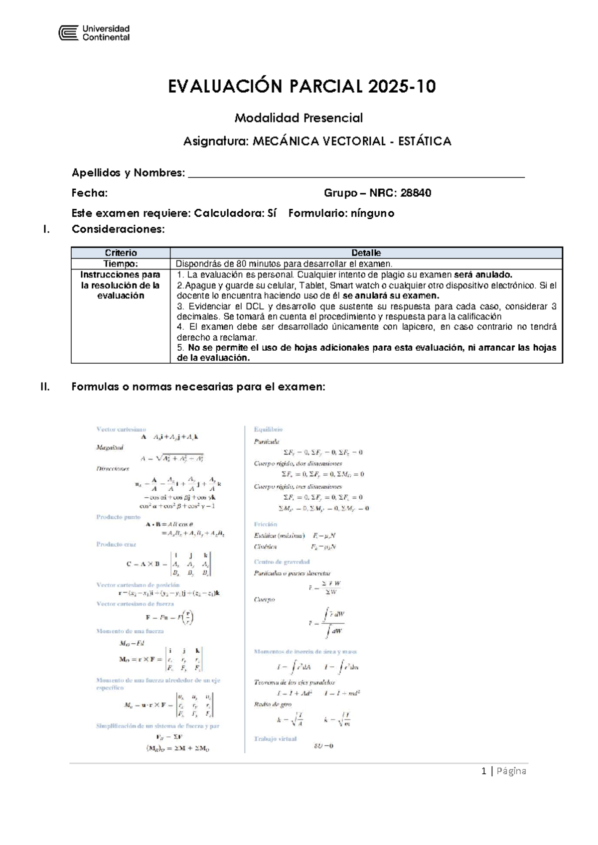 Examen Parcial MECÁNICA VECTORIAL ESTÁTICA NRC 28840 - Studocu