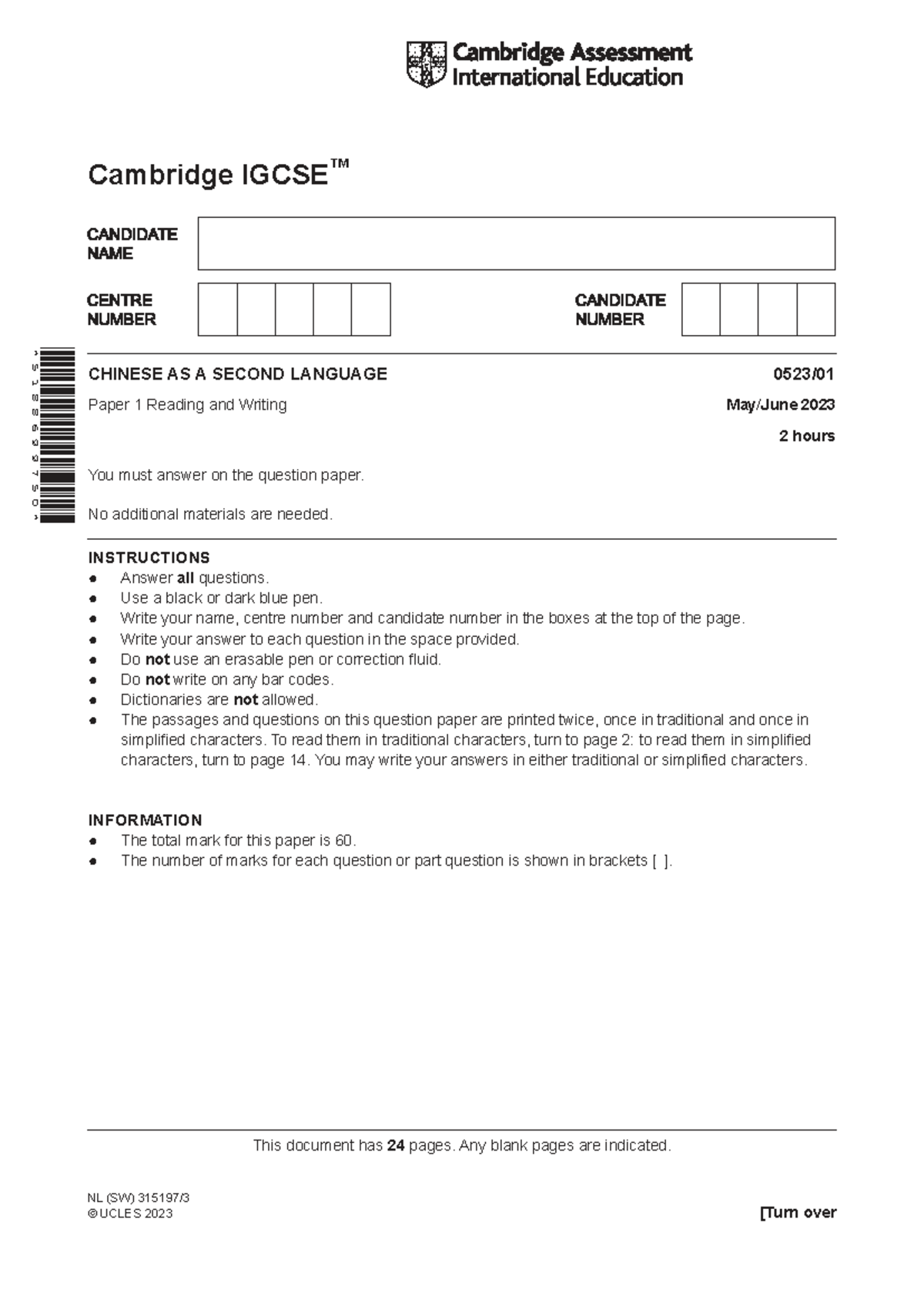 Cambridge 5 1 8 8 6 9 9 7 5 0 Chinese as a Second Language Paper 1 QP ...