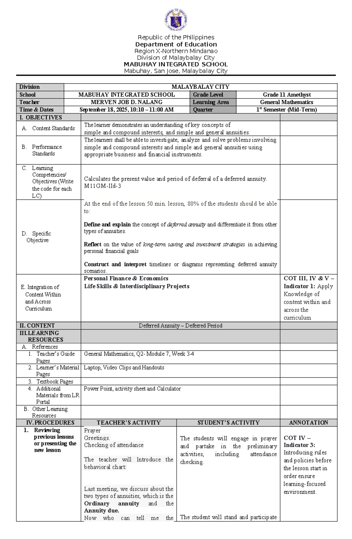 Gen Math - Lesson Plan on Deferred Annuities (Grade 11) - Studocu