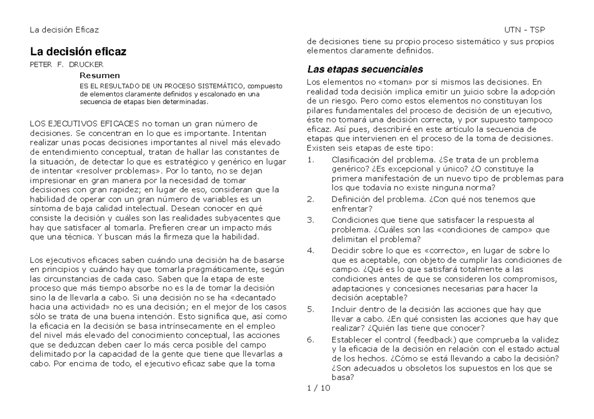 La Toma de Decisiones Eficaz según P. F. Drucker - UTN TSP - Studocu