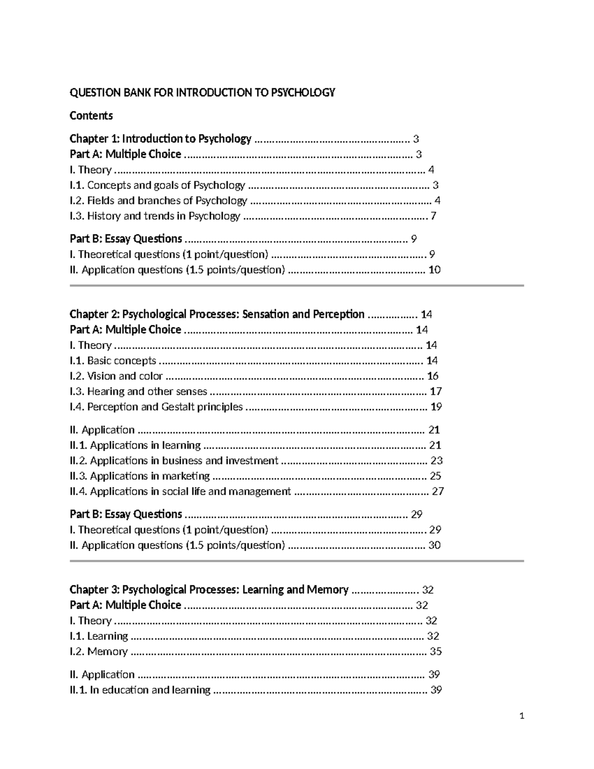 QUESTION BANK FOR INTRODUCTION TO PSYCHOLOGY (PSY101) - Studocu