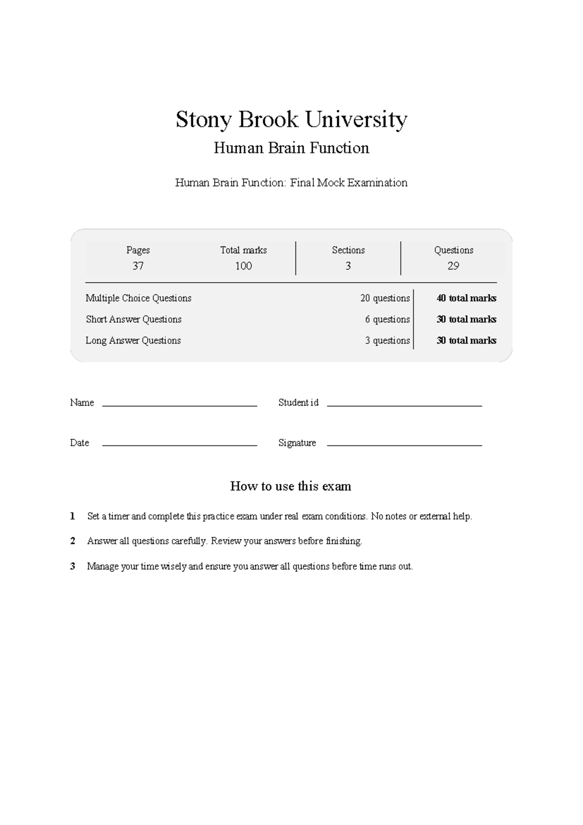 PSY 355 Human Brain Function SBU: Final Mock Exam Practice Test 2026 ...
