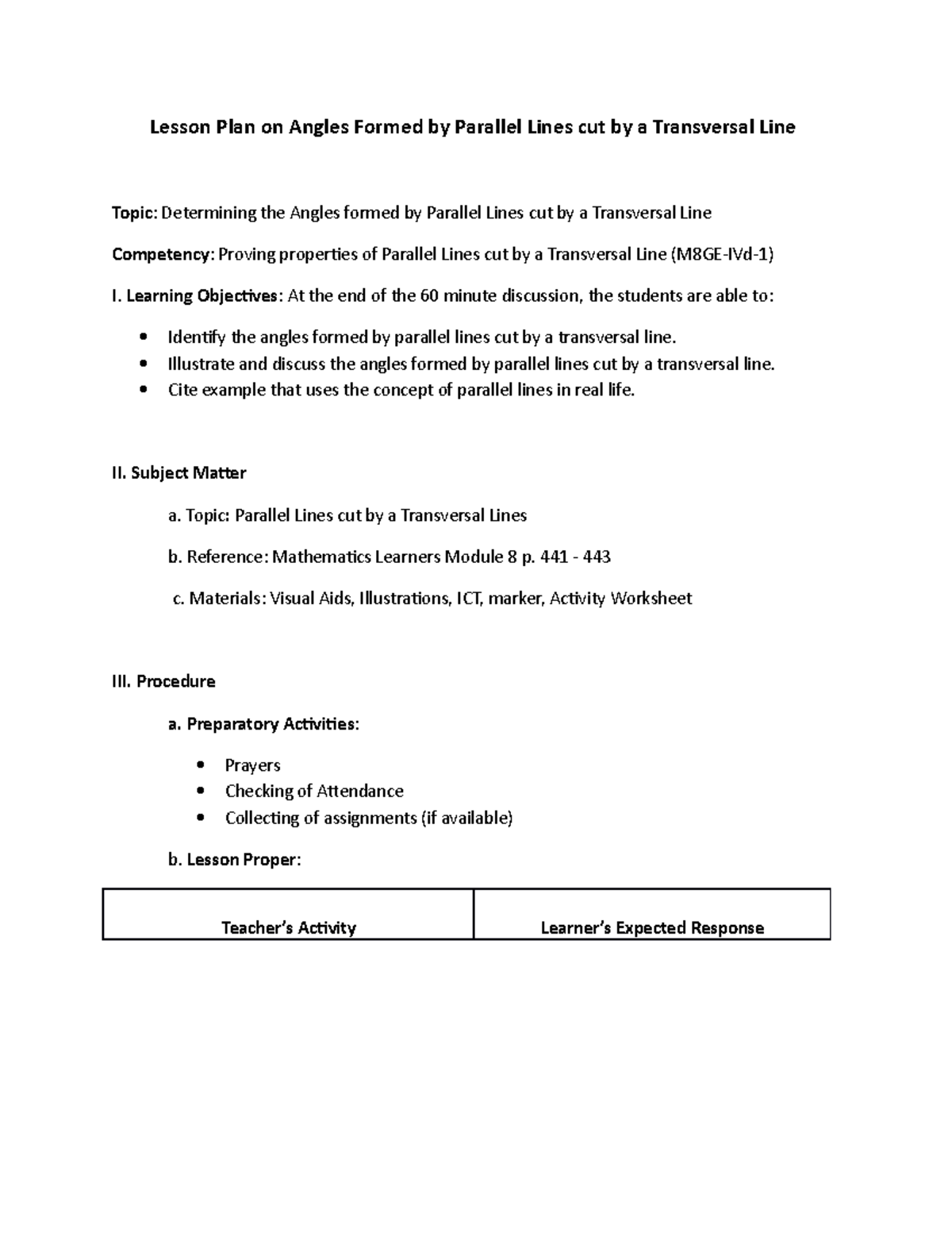 Lesson Plan in Math 8 Angles Formed by Parallel Lines cut by a ...