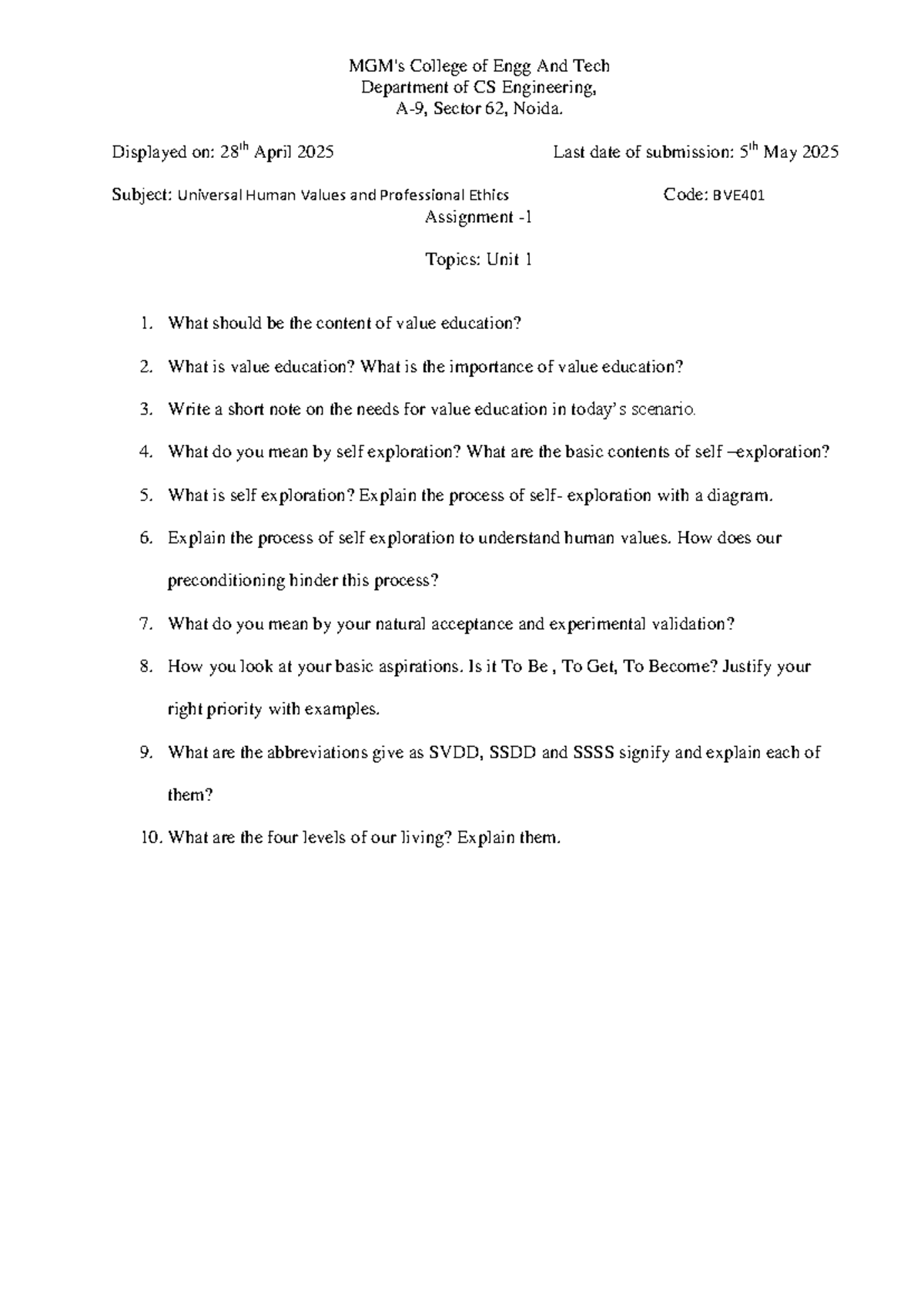 UHV 11 - Assignment on Value Education & Self Exploration (BVE401 ...