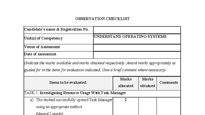 OBSERVATION CHECKLIST: Task Manager & Performance Monitor - Studocu
