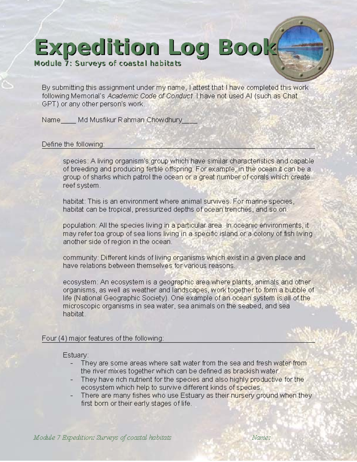 Expedition Log Book 7: Coastal Habitat Surveys and Conservation ...