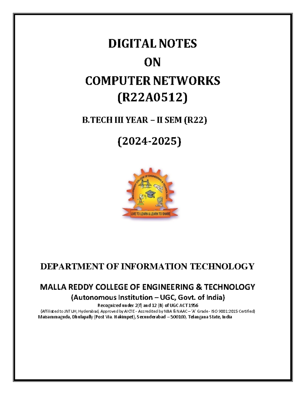 Computer Networks Study Notes for R22, B III Year II Sem (2024-2025 ...