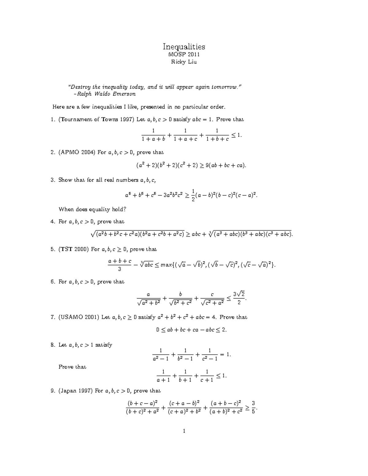 Inequalities - Ricky Liu - MOSP 2011 Analysis and Proofs - Studocu