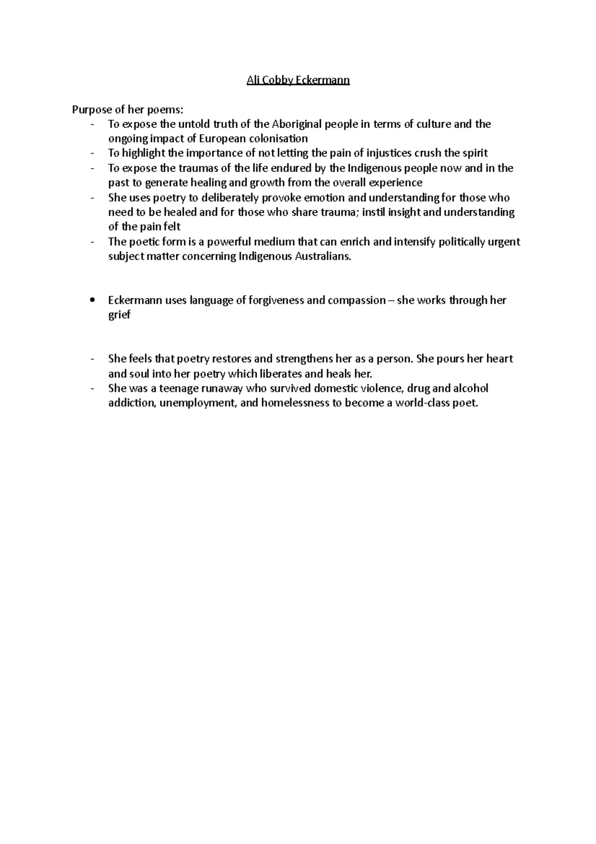 Ali Cobby Eckermann: Analyzing Poetic Truths of Indigenous Experiences - Studocu