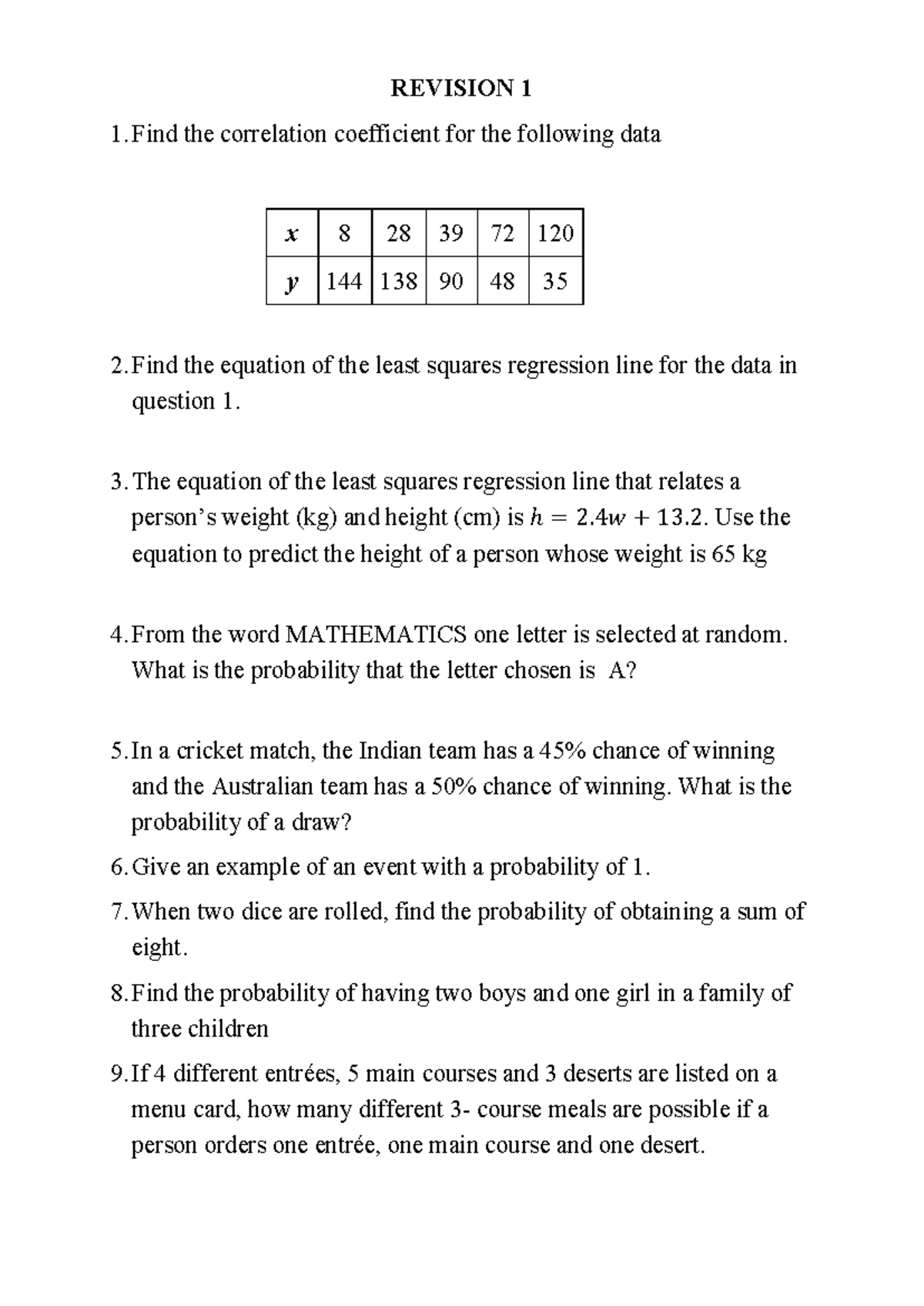 Revision 1 - Final Exam: Probability & Statistics Concepts - Studocu