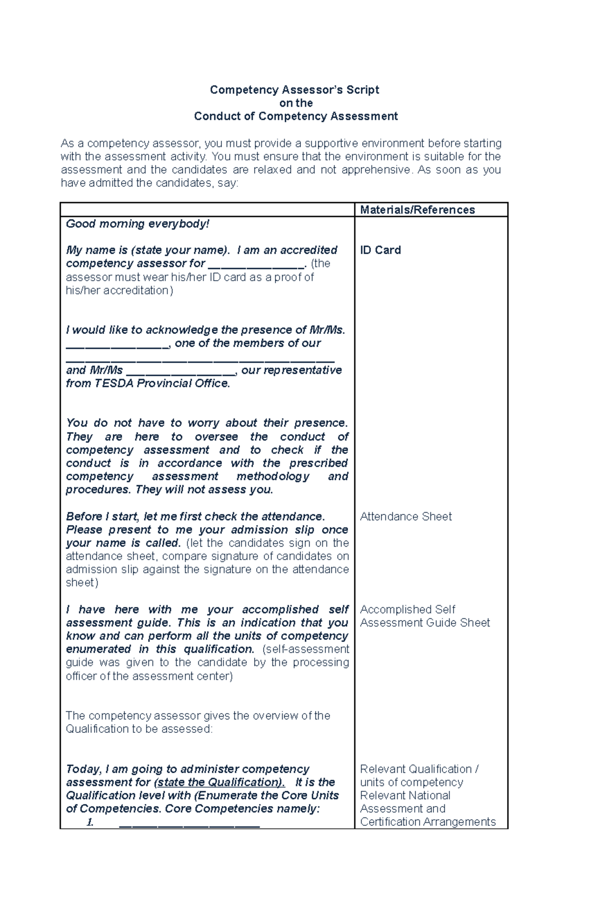 Competency Assessor's Script for TESDA Assessment Guide - Studocu