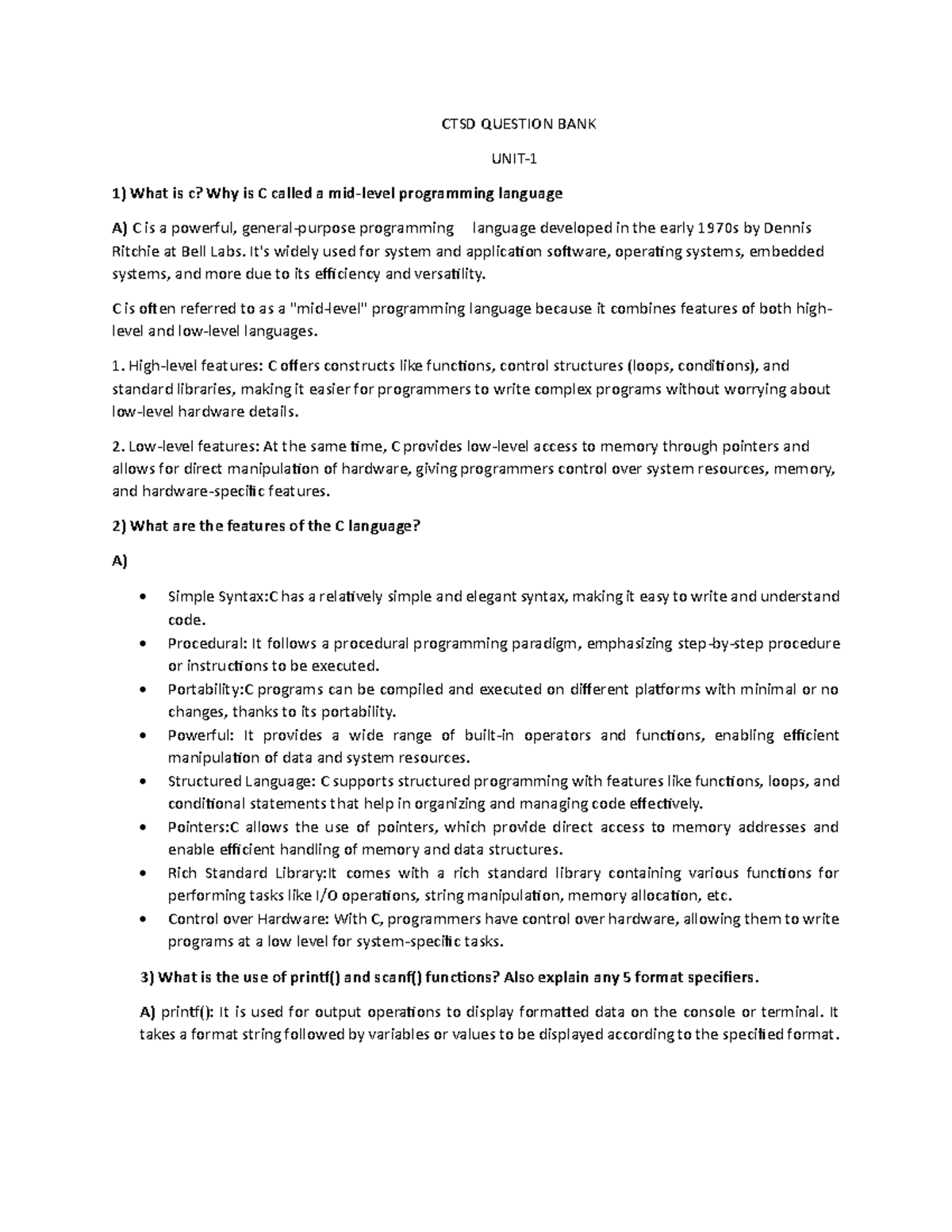 CTSD101 - C Programming Language Reference Notes and Question Bank ...