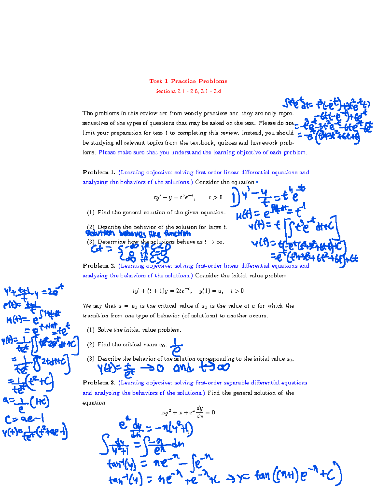 Test 1 Practice Problems (2026SS): Differential Equations Review - Studocu