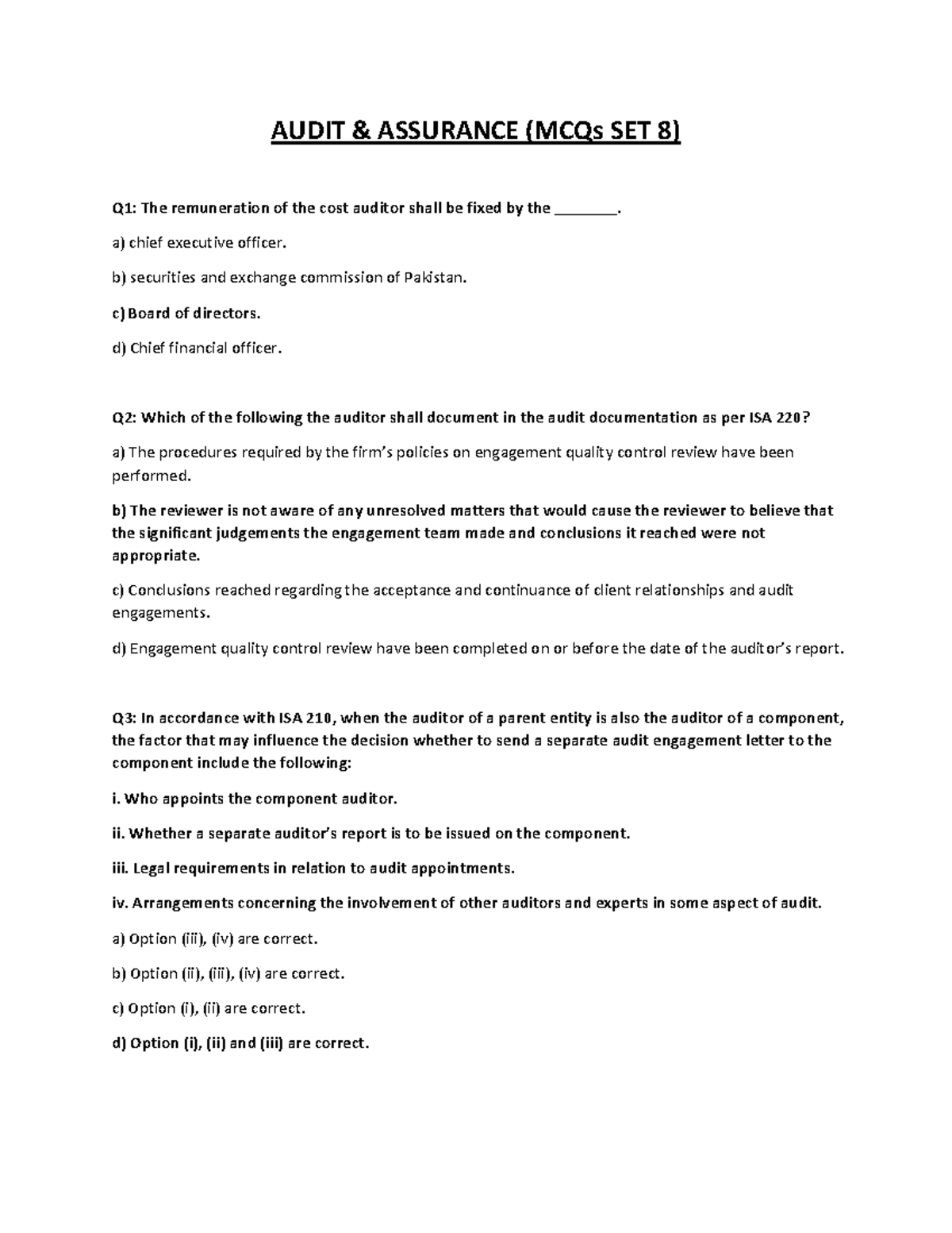 AUDIT ASSURANCE (MCQs SET 8) - Key Concepts and Questions - Studocu