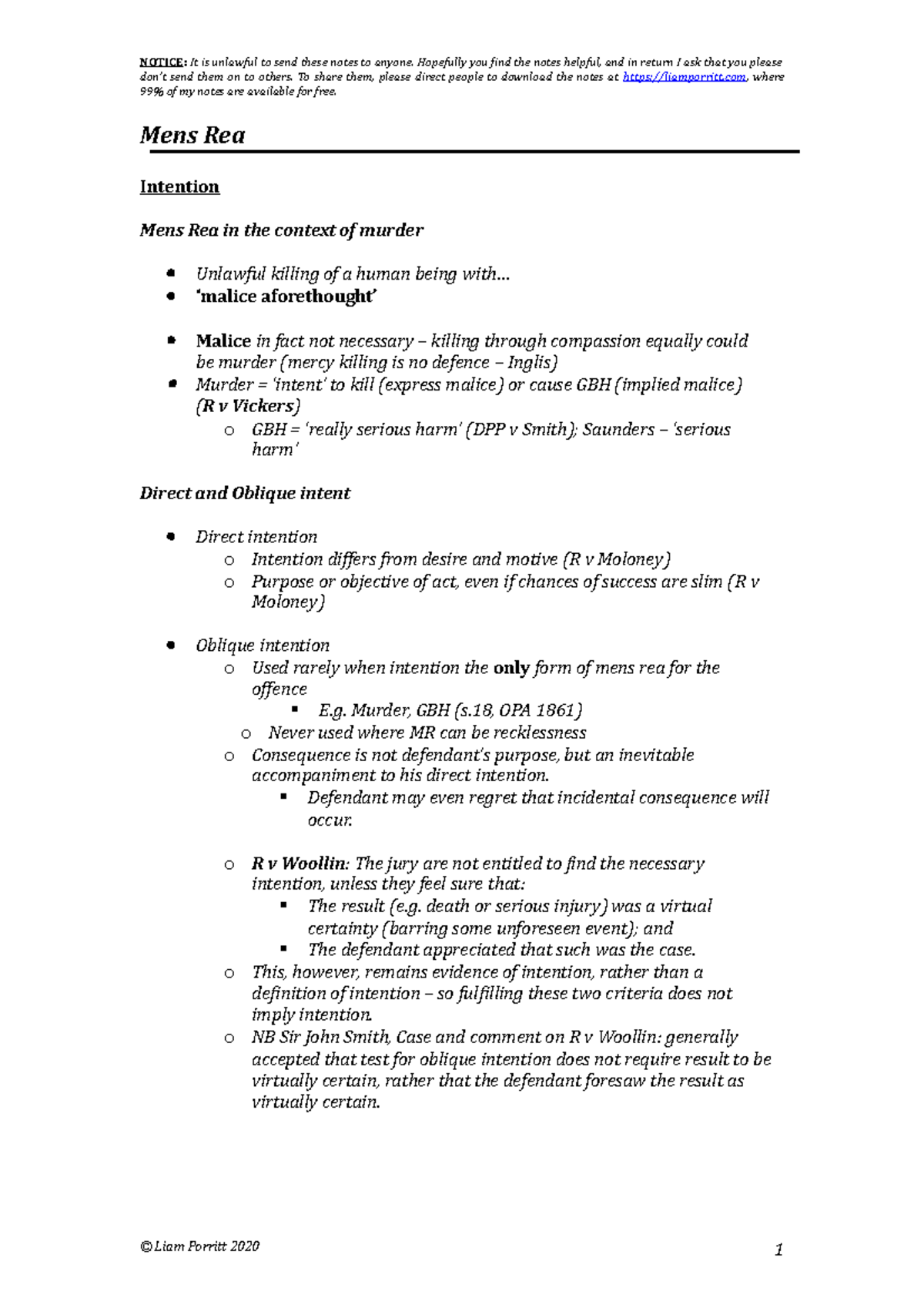 02 Mens Rea - criminal law - © Liam Porritt 2020 1 NOTICE: It is ...