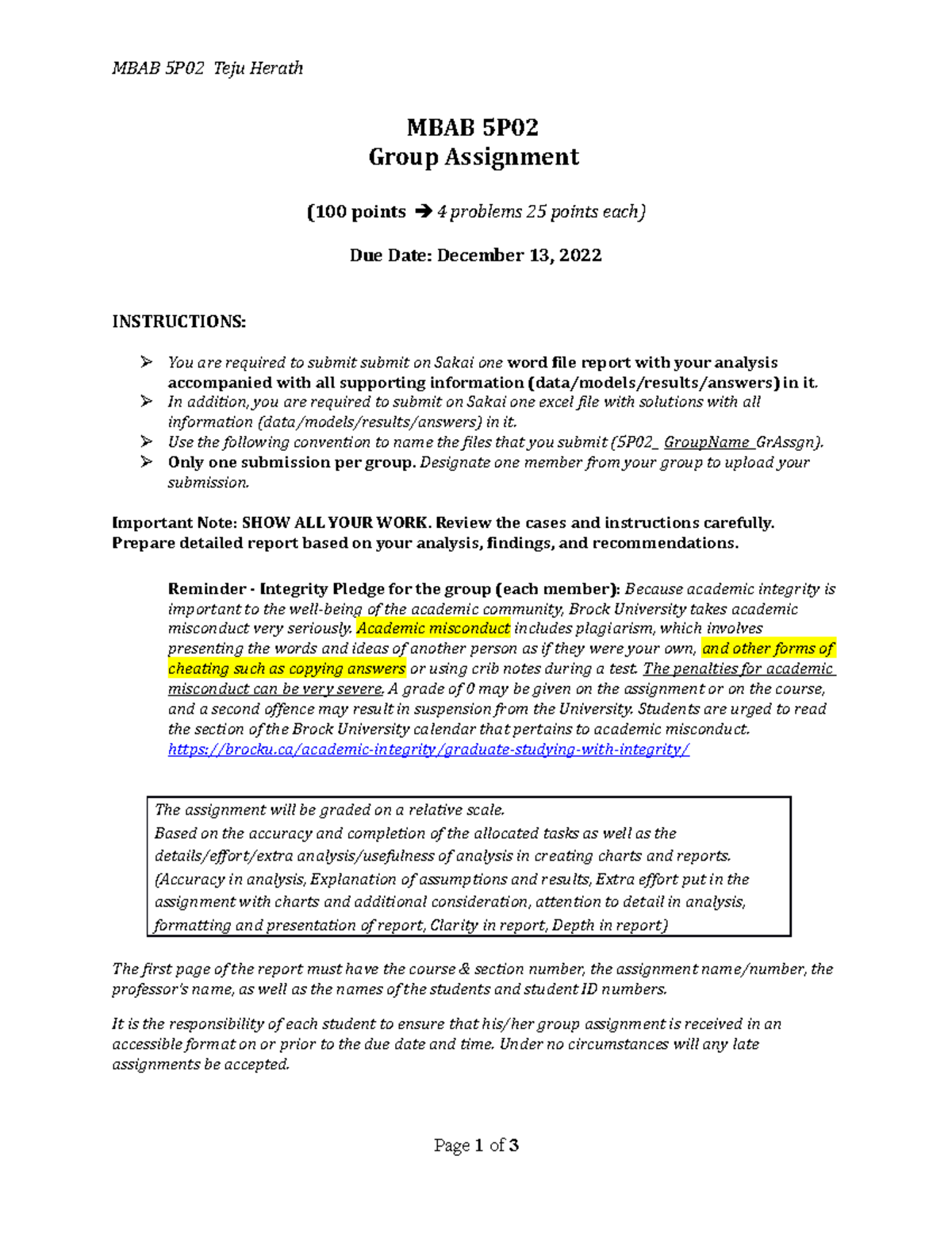 Group Assignment Overview for MBAB 5P02: Analysis and Submission ...