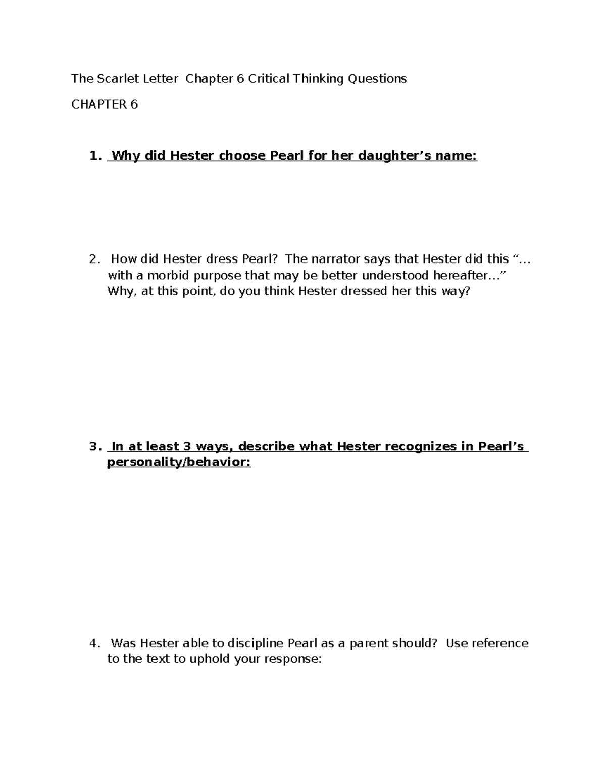 Ch 6 - These are comprehension questions. - The Scarlet Letter Chapter ...