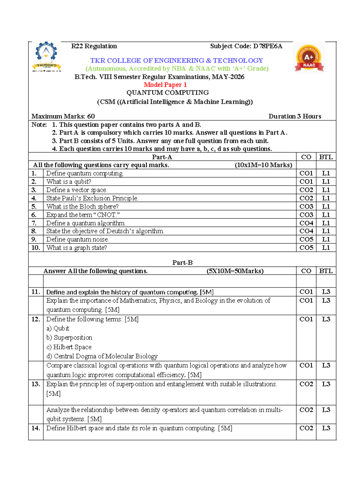 Model Paper 1: Quantum Computing (CSM) - R22 Regulation D78PE6A - Studocu