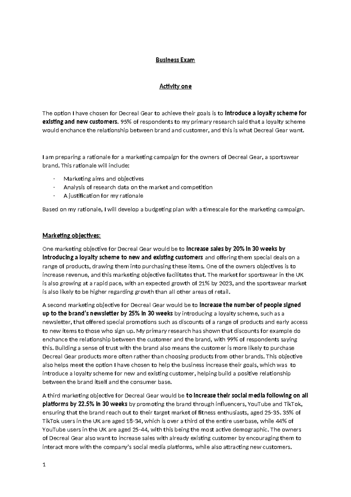 Marketing Campaign Rationale for Decreal Gear: Business Exam Activity 1 ...