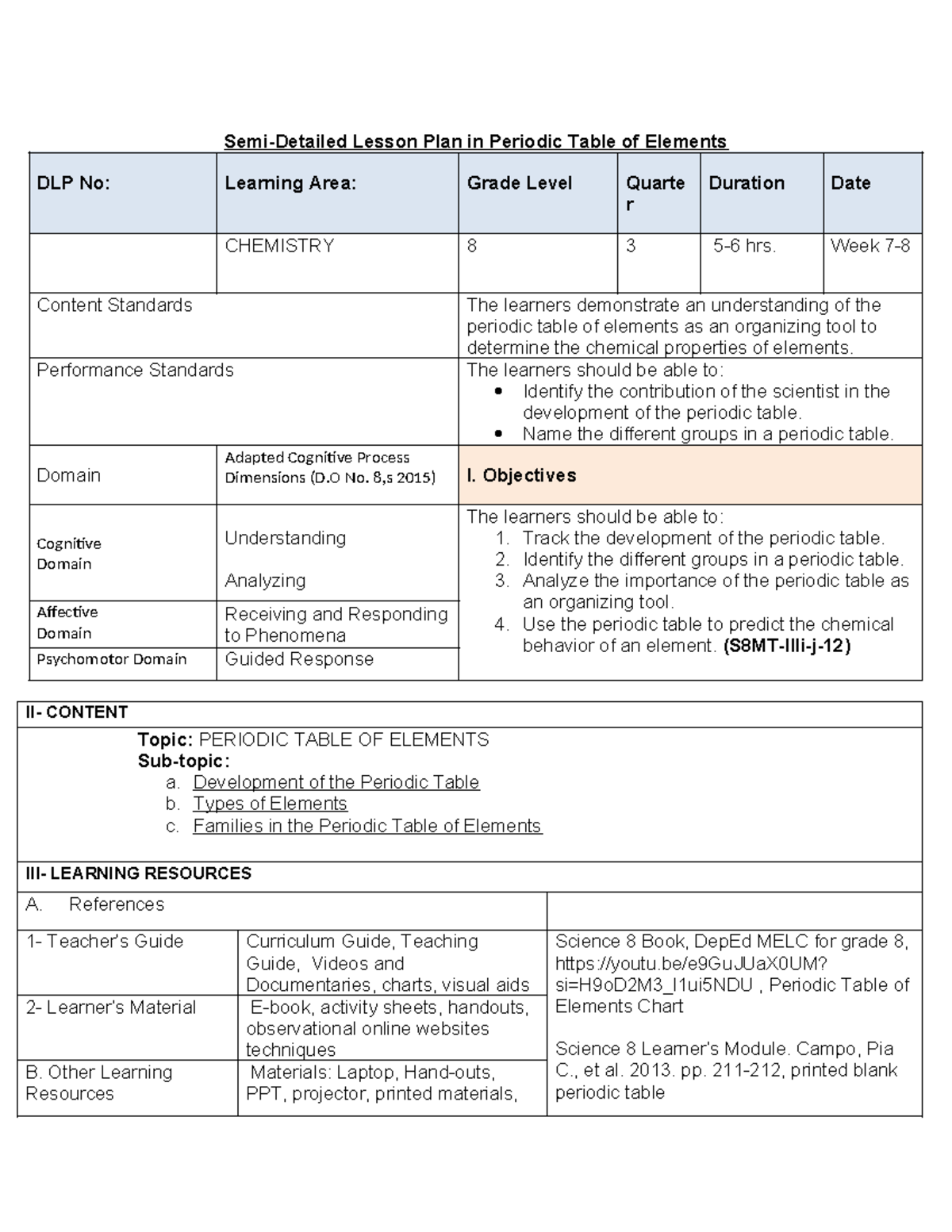 SEMI- Detailed Lesson PLAN- Periodic Table OF Elements-1 - Semi ...