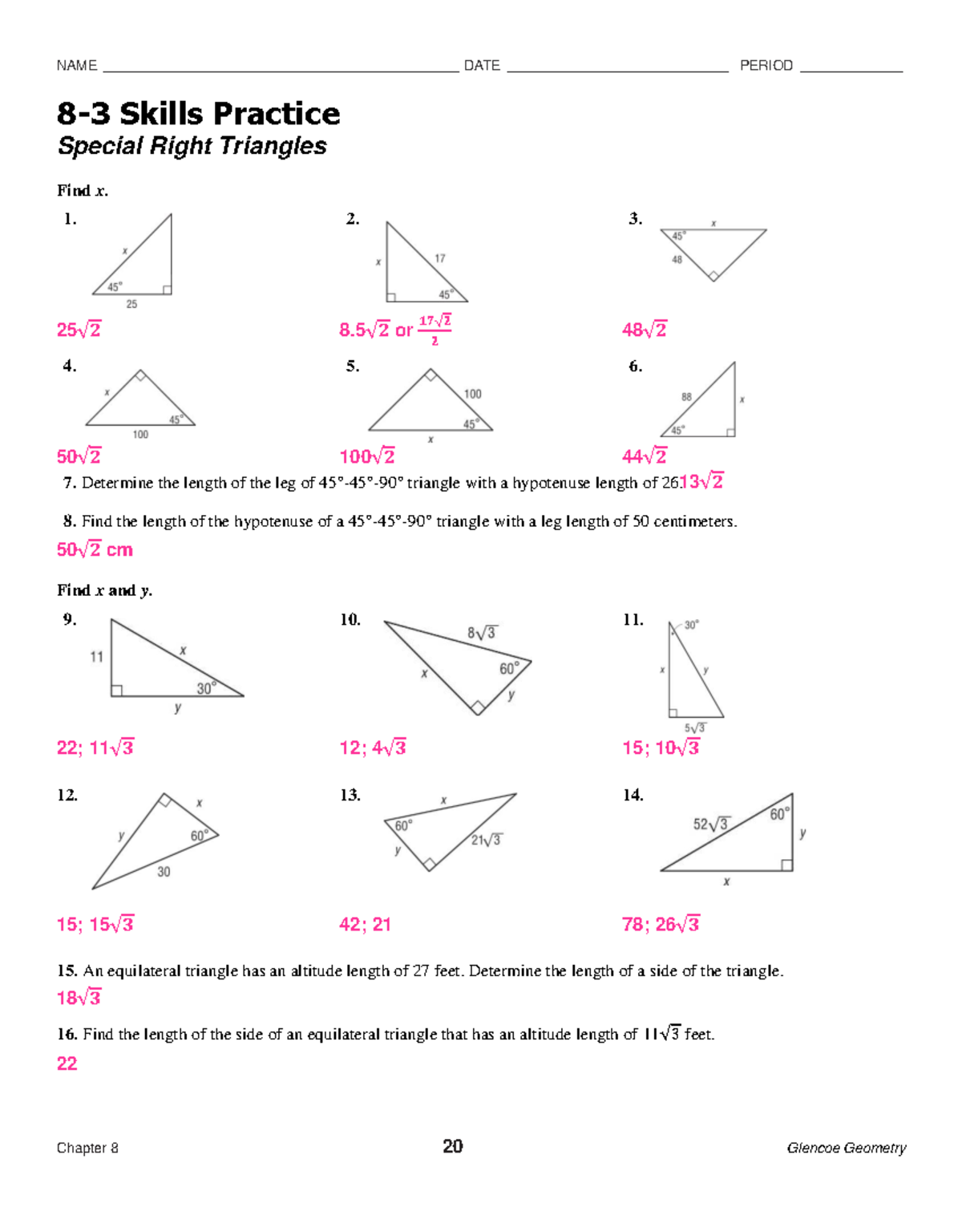 8-3 Skills Practice Key: Special Right Triangles Solutions - Studocu