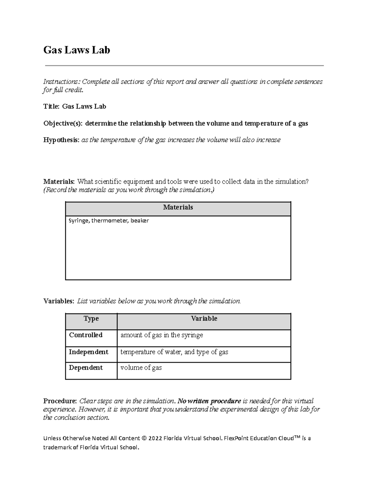 Gas Laws Lab Report - Examining Charles's Law Relationships - Studocu