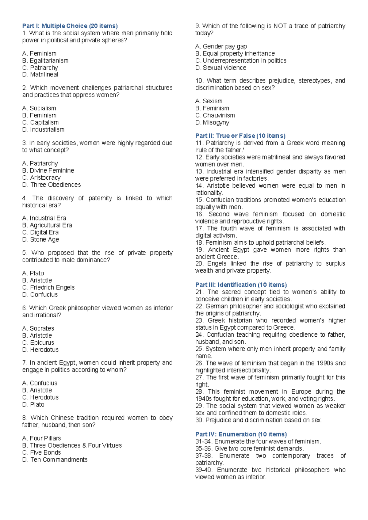 Gender and Sexuality Exam: Multiple Choice & True/False Questions - Studocu