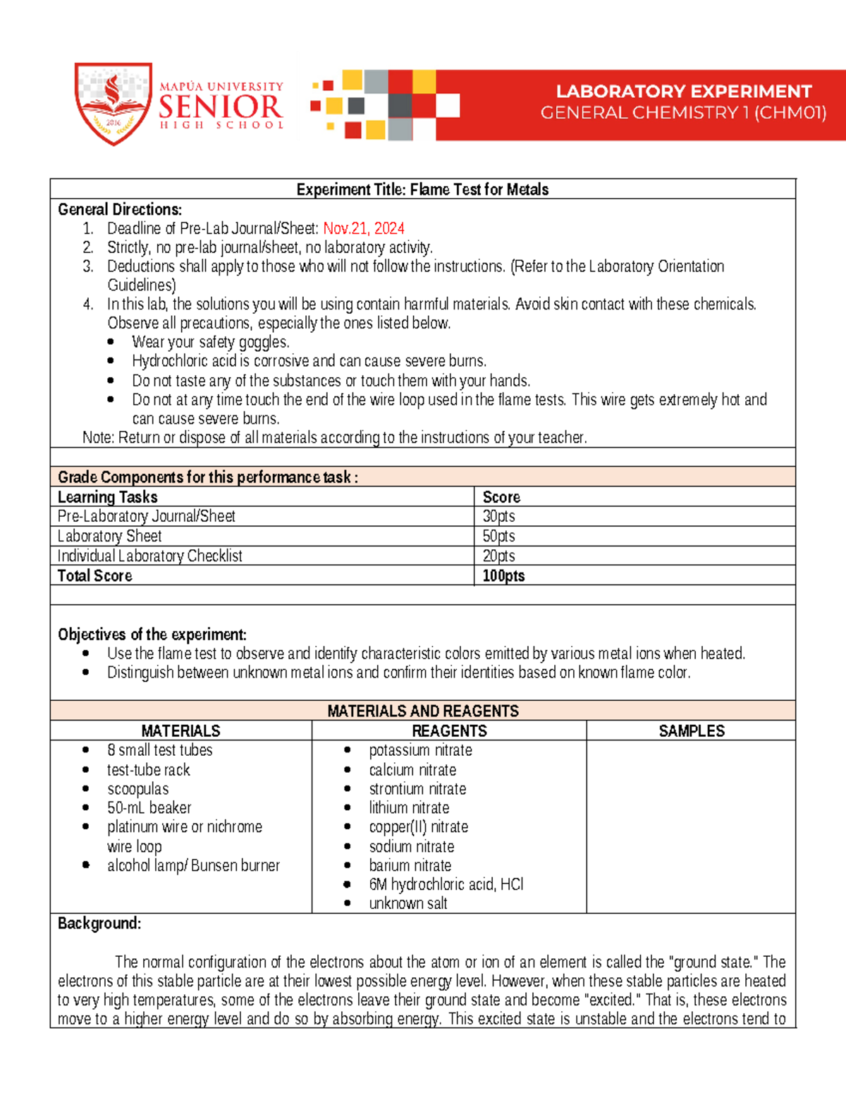 2425 Laboratory Experiment: Analyzing Metal Ions via Flame Test - Studocu