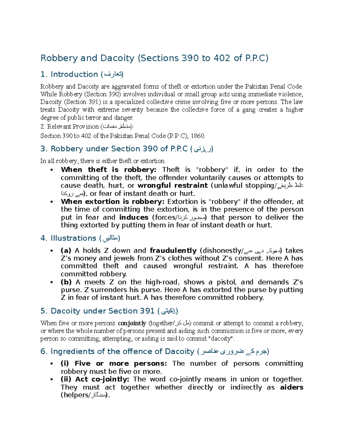 Robbery and Dacoity (Sections 390-402 P.P.C) - Exam Notes by Sumaira ...